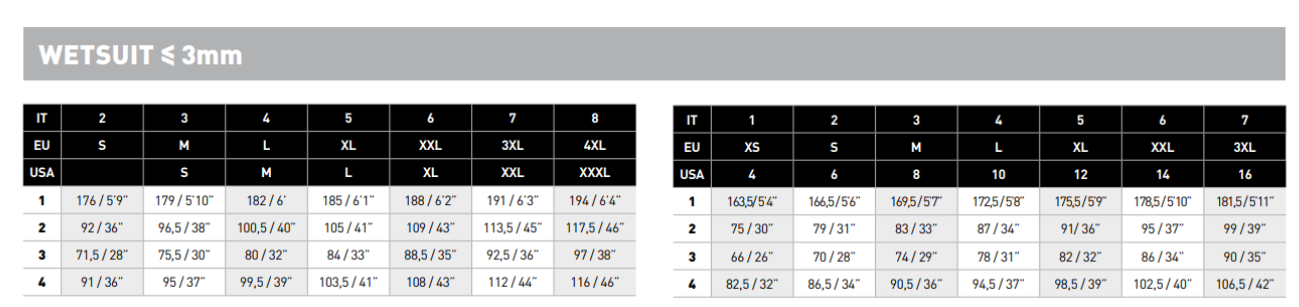 Mares Size Chart 3mm - Dive Shack